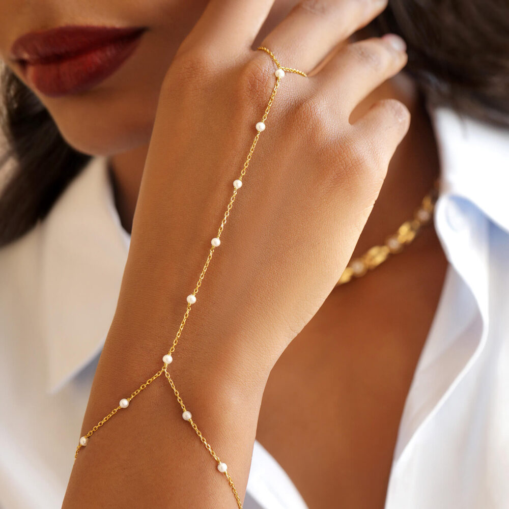Pearl Hand Chain - Delicate 18K Gold Hand Chain with Mini Pearls
